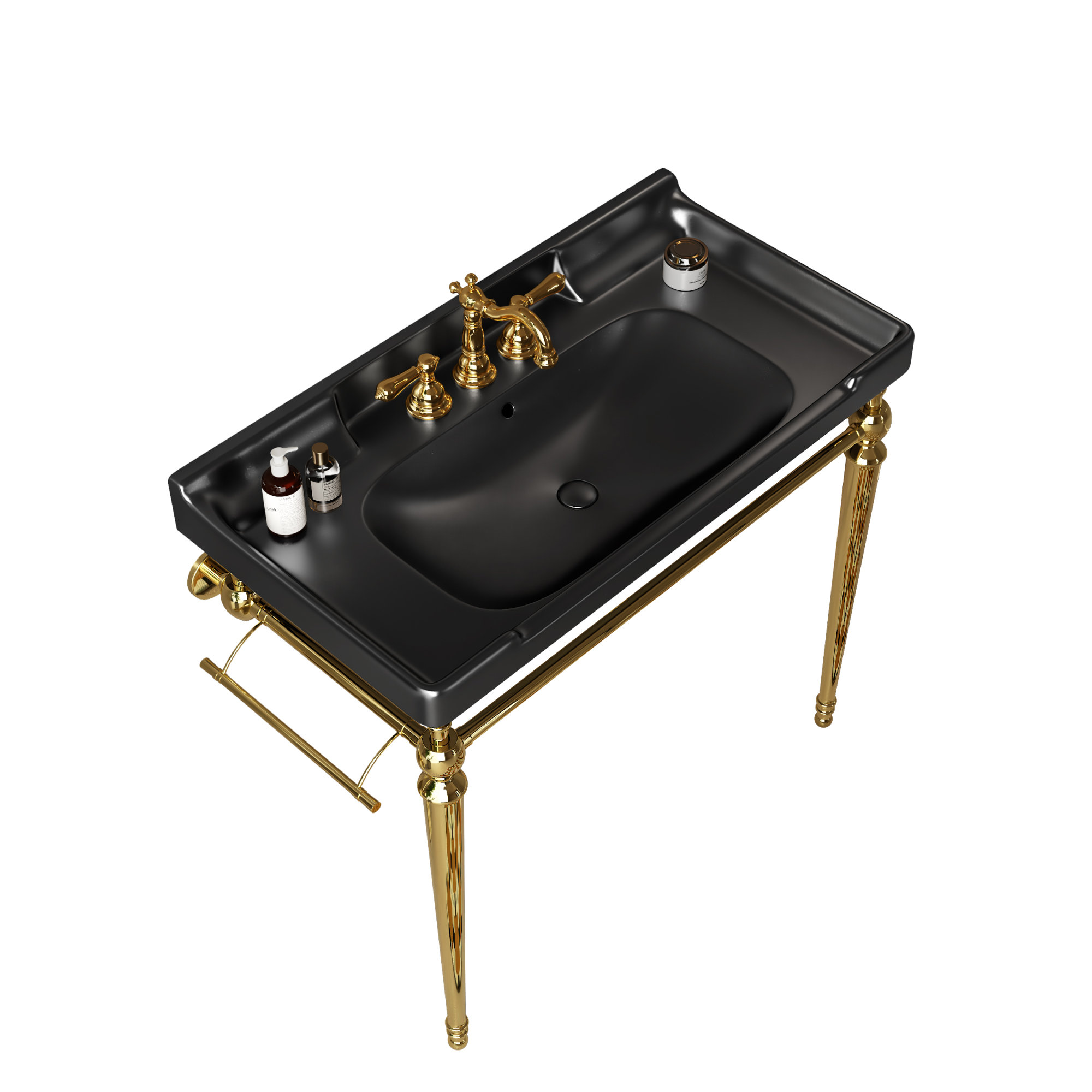 Rosdorf Park Vici 36" Bathroom Console Sink, Wall-mounted Black Ceramic Vanity Basin With 3 Pre ...